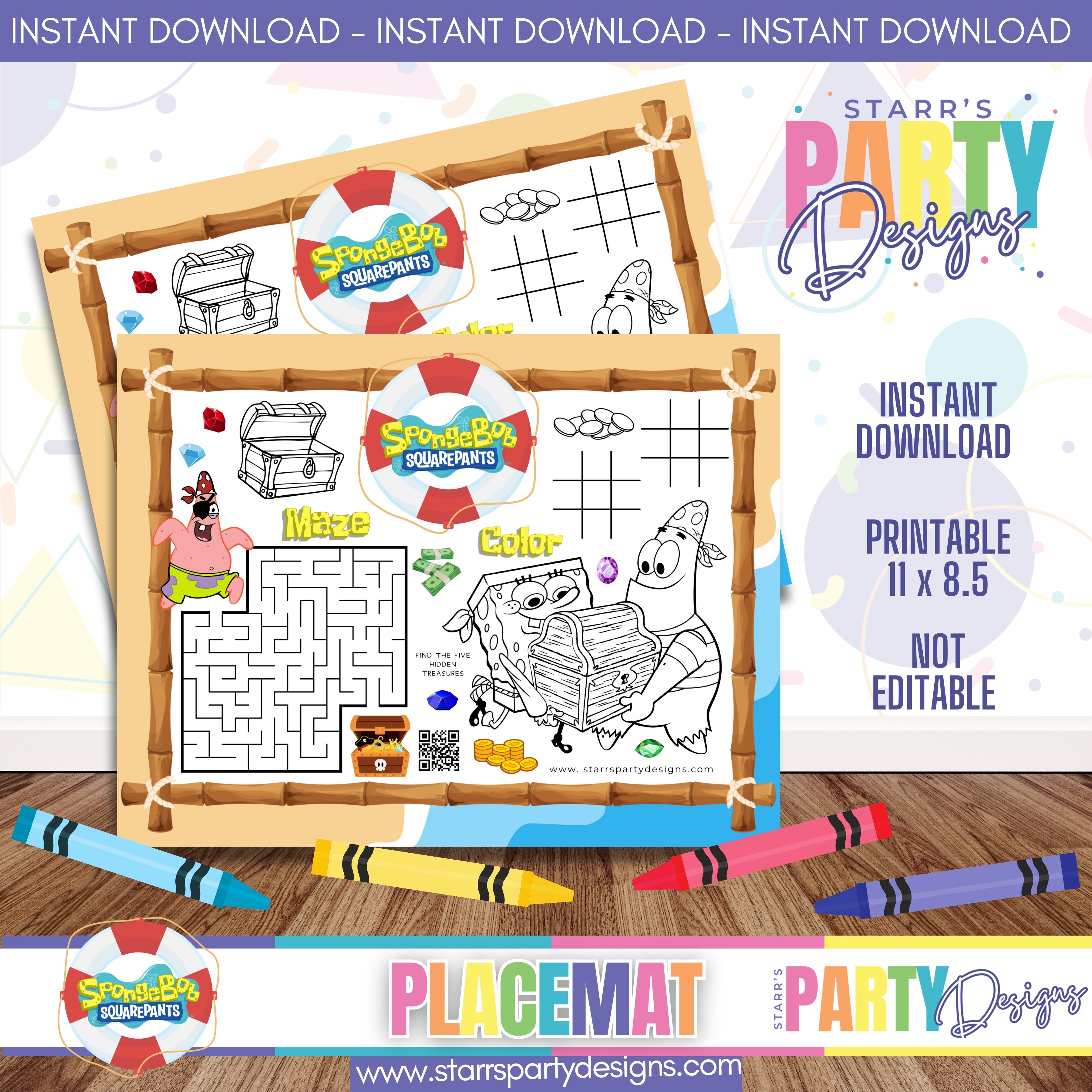PLACEMAT ACTIVITY SHEET | PIRATE SPONGEBOB B1 – Starr's Party Designs
