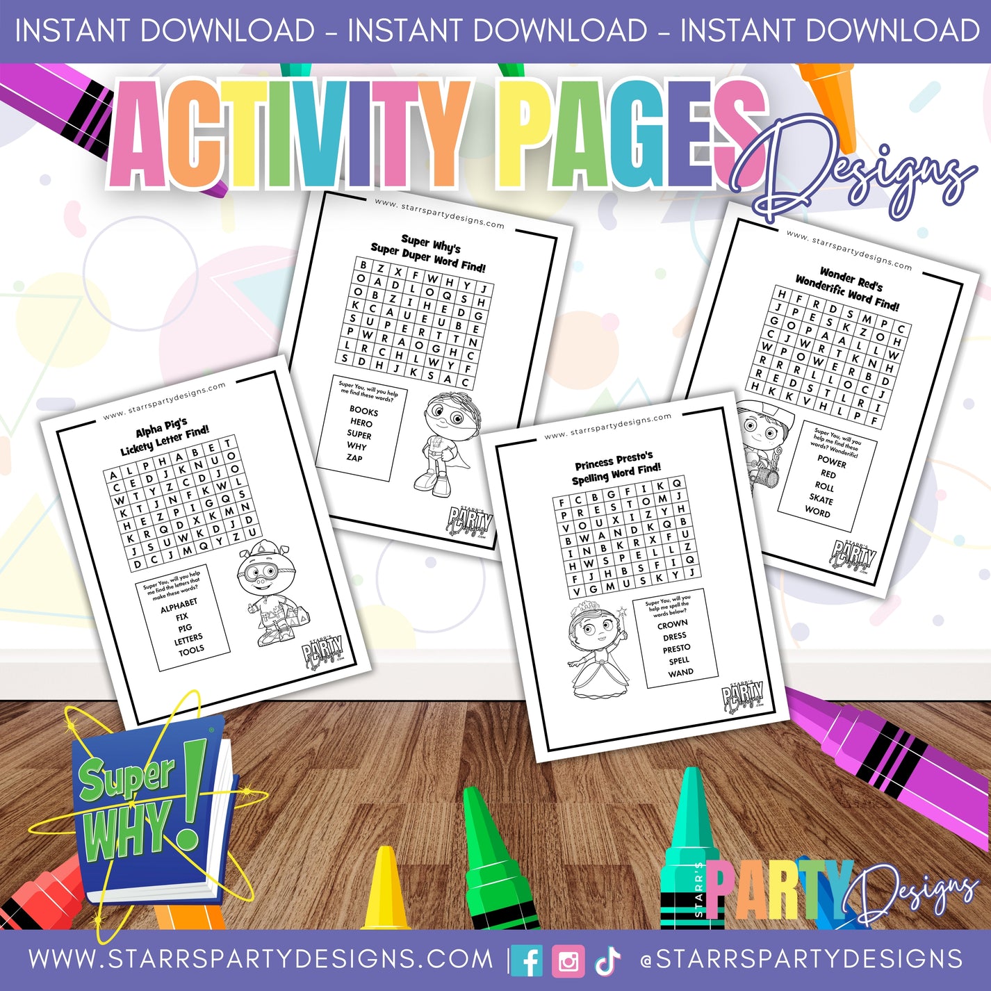 SUPER WHY WORD SEARCH ACTIVITY SHEETS – Starr's Party Designs