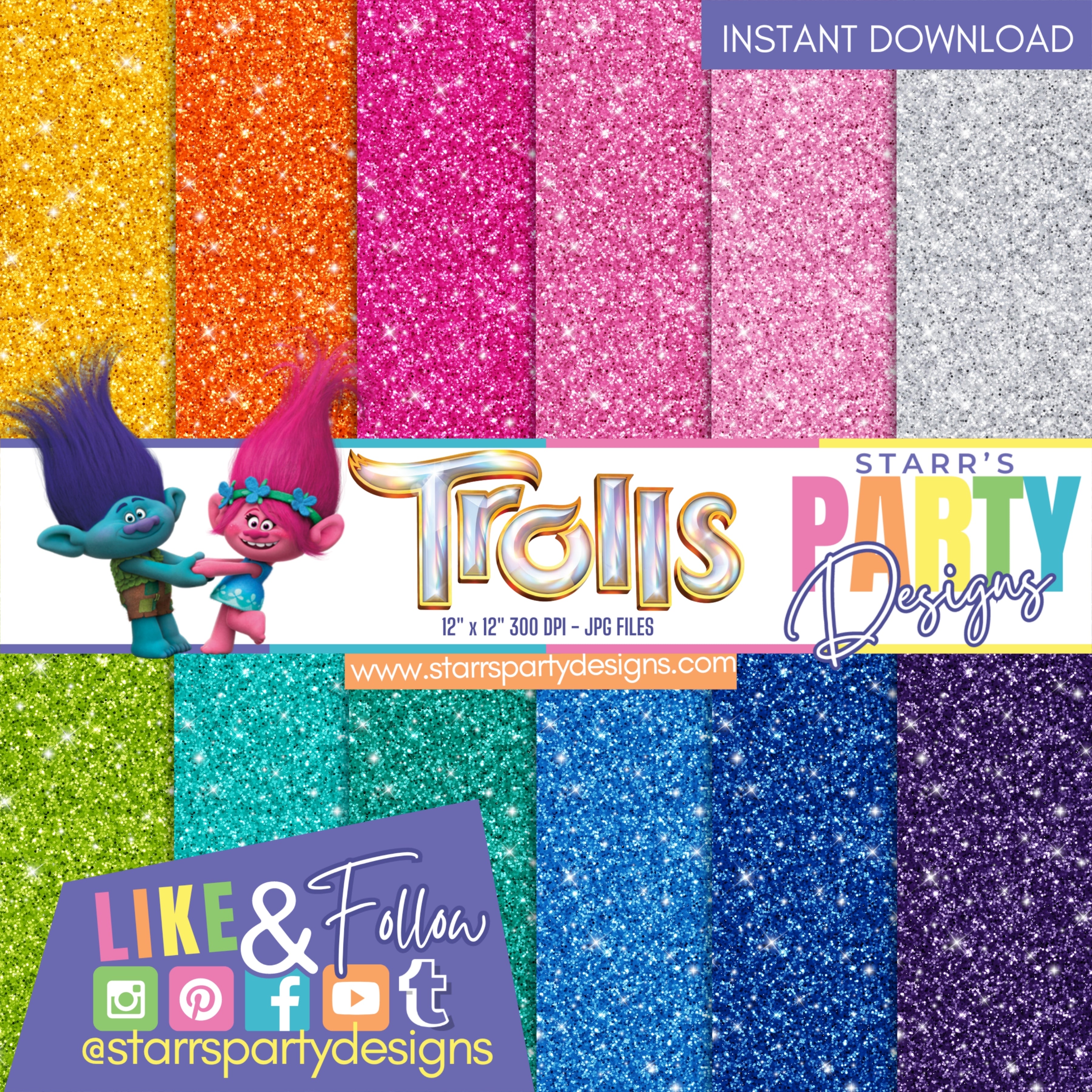 TROLLS GLITTER PAPER PACK – Starr's Party Designs